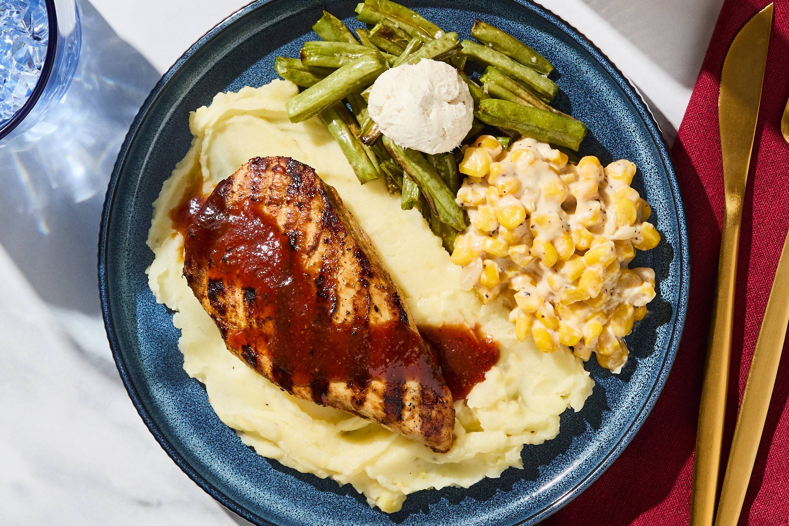 Smoky BBQ Chicken Breast with Mashed Potatoes, Creamed Corn & Green ...