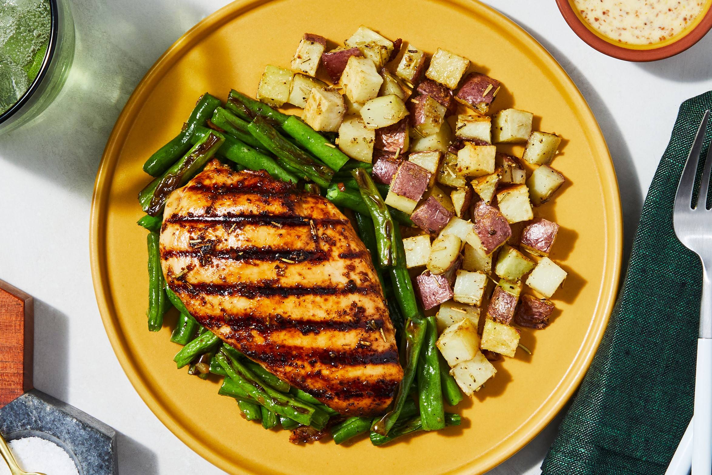 Honey Mustard Chicken with Roasted Rosemary Potatoes & Garlic Green ...